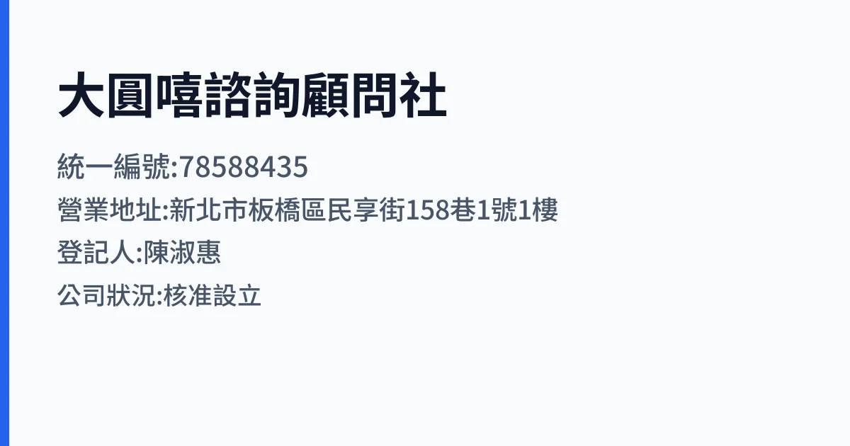 大圓嘻諮詢顧問社 - 統編 78588435(新北市) 公司登記資料與營業項目詳細圖表