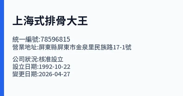 上海式排骨大王的照片-統編 78596815(屏東縣) 公司登記資料與營業項目詳細圖表