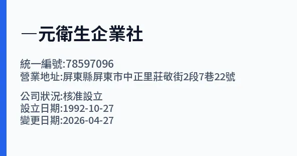 ―元衛生企業社的照片-統編 78597096(屏東縣) 公司登記資料與營業項目詳細圖表