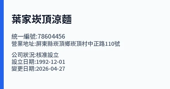 葉家崁頂涼麵的照片-統編 78604456(屏東縣) 公司登記資料與營業項目詳細圖表