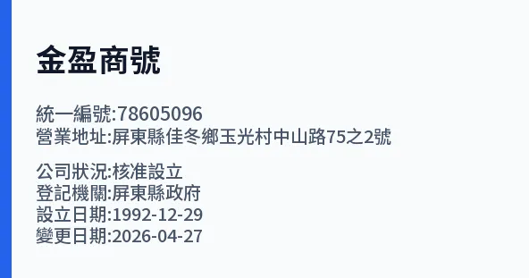 金盈商號的照片-統編 78605096(屏東縣) 公司登記資料與營業項目詳細圖表