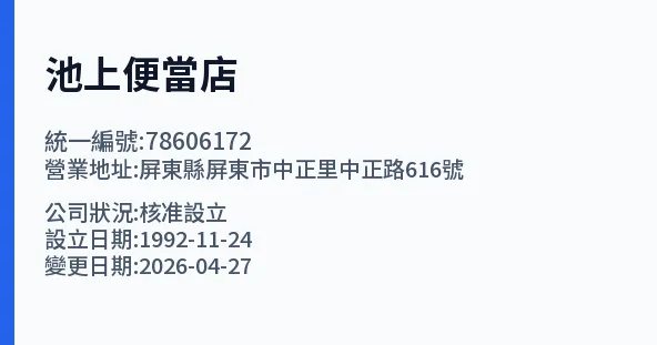 池上便當店的照片-統編 78606172(屏東縣) 公司登記資料與營業項目詳細圖表