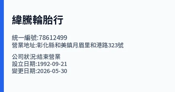 緯騰輪胎行的照片-統編 78612499(彰化縣) 公司登記資料與營業項目詳細圖表