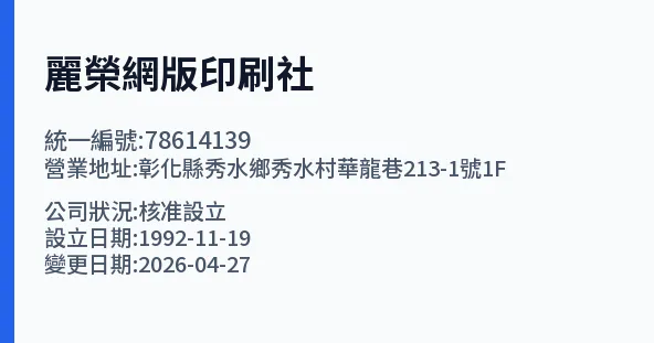 麗榮網版印刷社的照片-統編 78614139(彰化縣) 公司登記資料與營業項目詳細圖表
