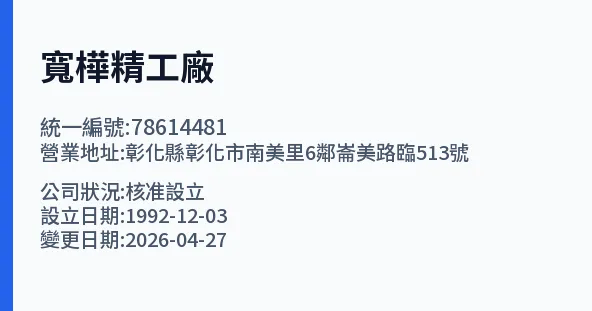 寬樺精工廠的照片-統編 78614481(彰化縣) 公司登記資料與營業項目詳細圖表