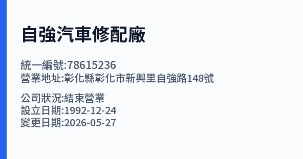 自強汽車修配廠的照片-統編 78615236(彰化縣) 公司登記資料與營業項目詳細圖表