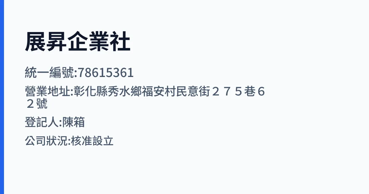 展昇企業社 - 統編 78615361(彰化縣) 公司登記資料與營業項目詳細圖表