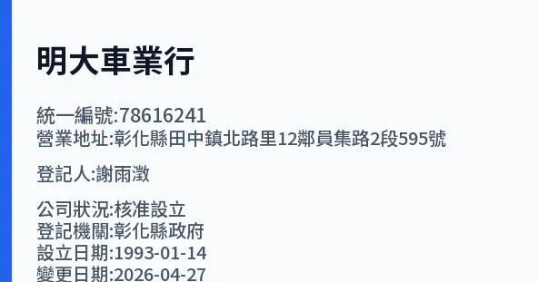 明大車業行的照片-統編 78616241(彰化縣) 公司登記資料與營業項目詳細圖表