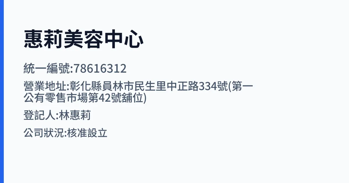 惠莉美容中心 - 統編 78616312(彰化縣) 公司登記資料與營業項目詳細圖表