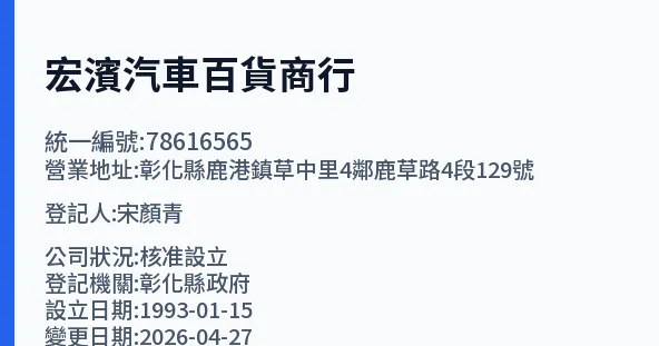 宏濱汽車百貨商行的照片-統編 78616565(彰化縣) 公司登記資料與營業項目詳細圖表