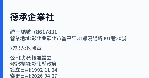 德承企業社的照片-統編 78617831(彰化縣) 公司登記資料與營業項目詳細圖表