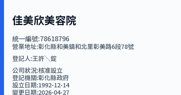 佳美欣美容院的照片-統編 78618796(彰化縣) 公司登記資料與營業項目詳細圖表