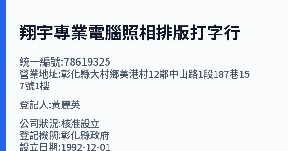 翔宇專業電腦照相排版打字行的照片-統編 78619325(彰化縣) 公司登記資料與營業項目詳細圖表