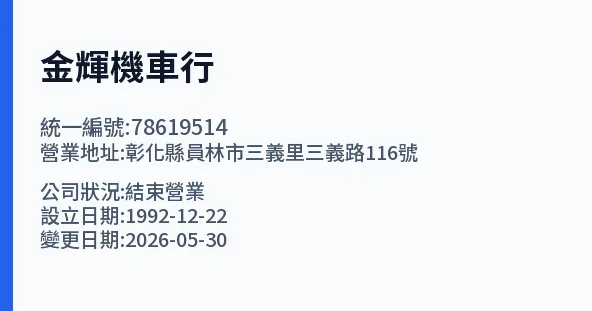 金輝機車行的照片-統編 78619514(彰化縣) 公司登記資料與營業項目詳細圖表
