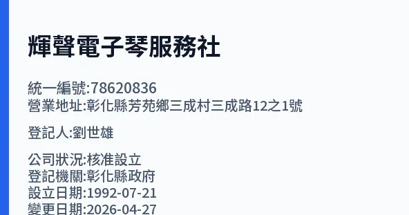 輝聲電子琴服務社的照片-統編 78620836(彰化縣) 公司登記資料與營業項目詳細圖表