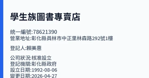 學生族圖書專賣店的照片-統編 78621390(彰化縣) 公司登記資料與營業項目詳細圖表