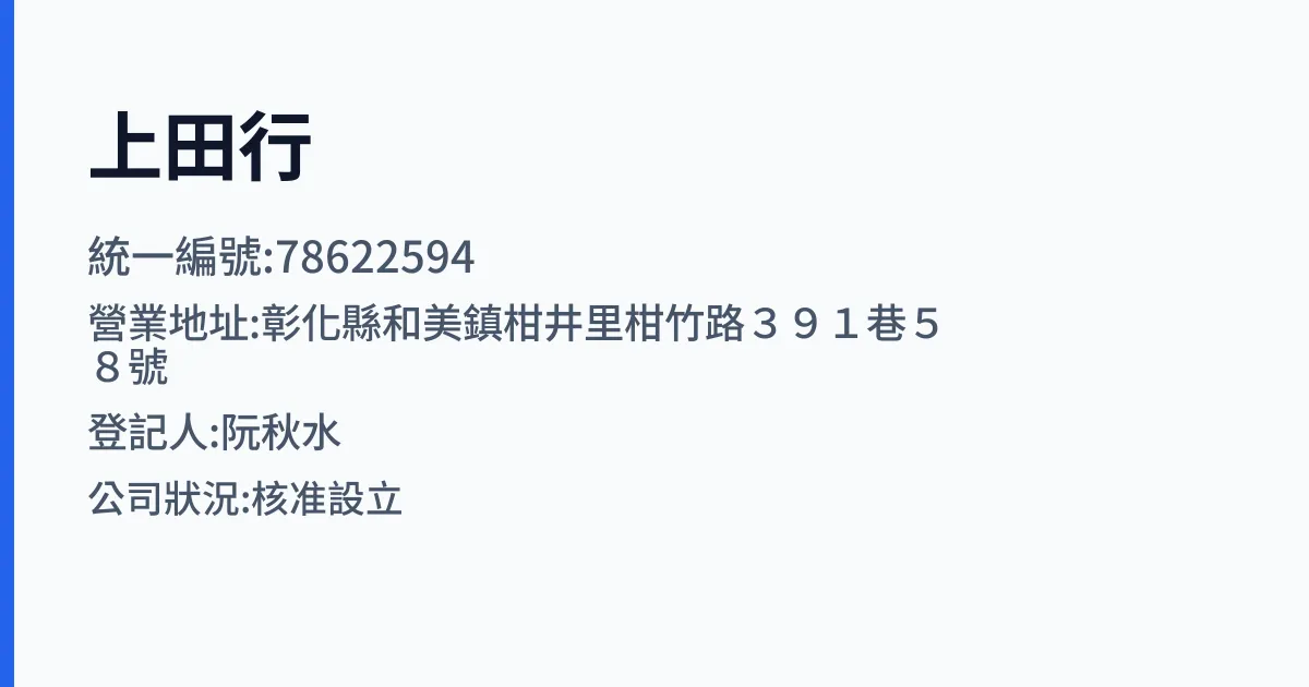 上田行 - 統編 78622594(彰化縣) 公司登記資料與營業項目詳細圖表