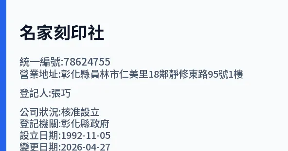 名家刻印社的照片-統編 78624755(彰化縣) 公司登記資料與營業項目詳細圖表