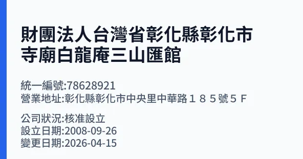 財團法人台灣省彰化縣彰化市寺廟白龍庵三山匯館的照片-統編 78628921(彰化縣) 公司登記資料與營業項目詳細圖表