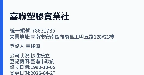 嘉聯塑膠實業社的照片-統編 78631735(臺南市) 公司登記資料與營業項目詳細圖表