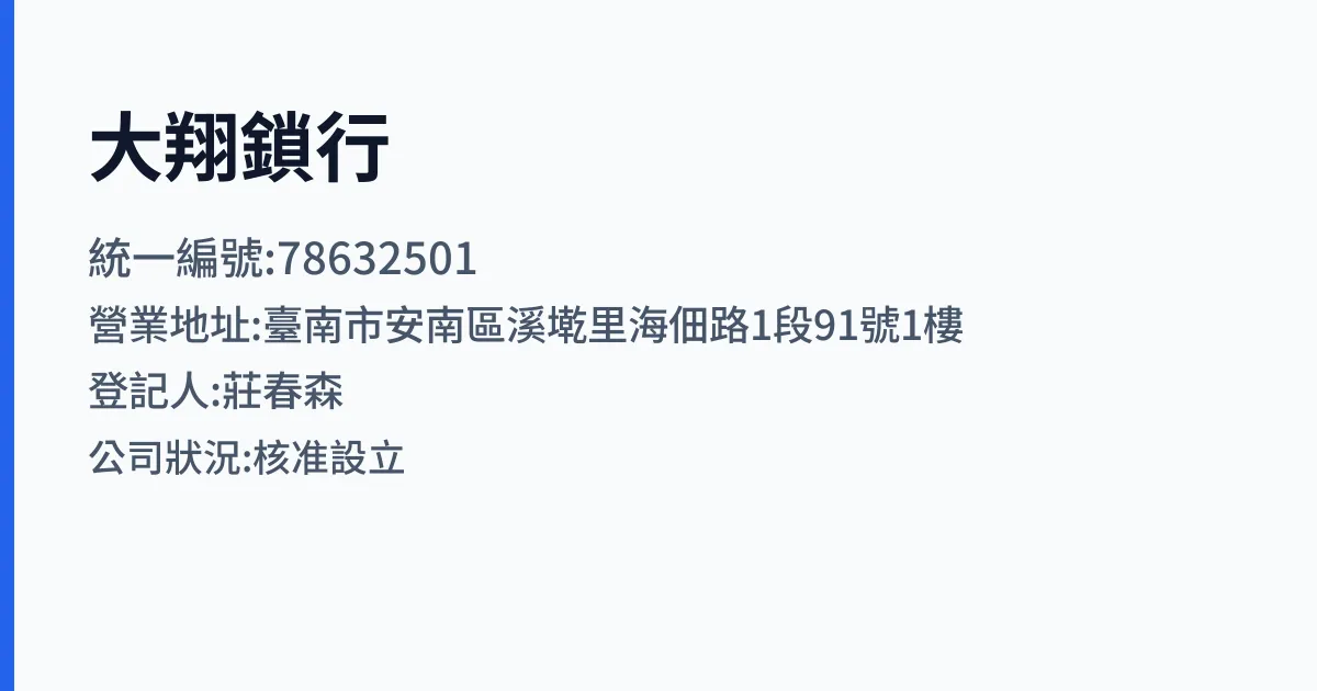 大翔鎖行 - 統編 78632501(臺南市) 公司登記資料與營業項目詳細圖表