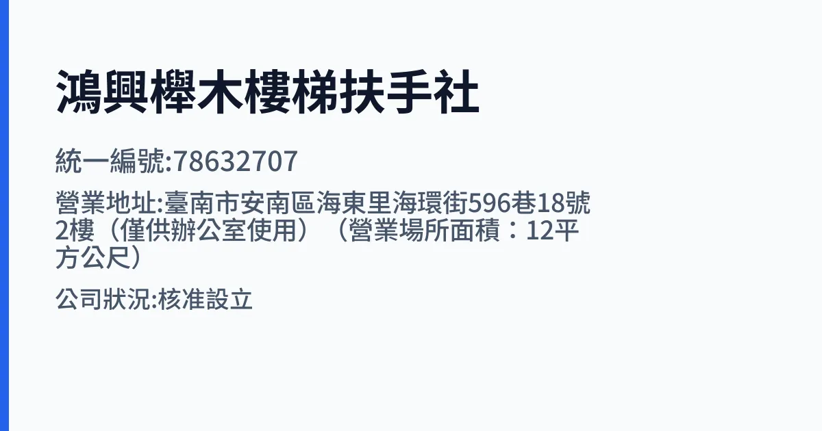 鴻興櫸木樓梯扶手社 - 統編 78632707（臺南市） 公司登記資料與營業項目詳細圖表