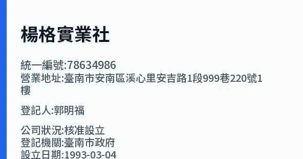 楊格實業社的照片-統編 78634986(臺南市) 公司登記資料與營業項目詳細圖表