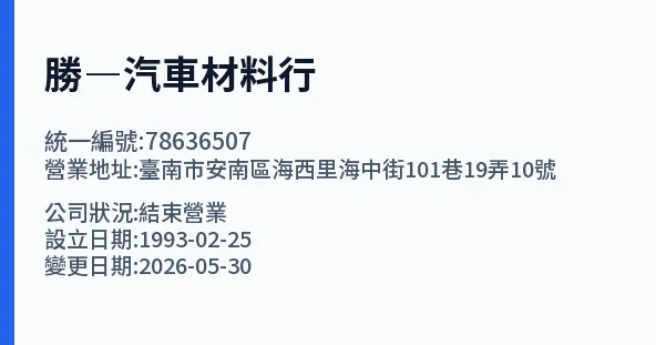 勝―汽車材料行的照片-統編 78636507(臺南市) 公司登記資料與營業項目詳細圖表
