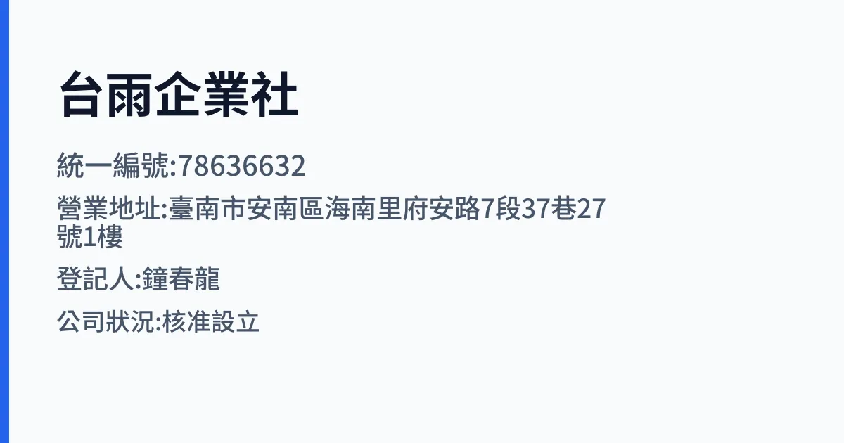 台雨企業社 - 統編 78636632(臺南市) 公司登記資料與營業項目詳細圖表
