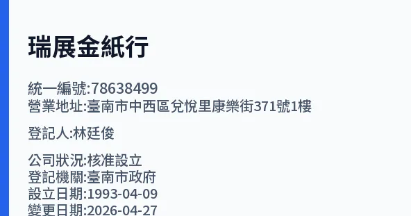 瑞展金紙行的照片-統編 78638499(臺南市) 公司登記資料與營業項目詳細圖表