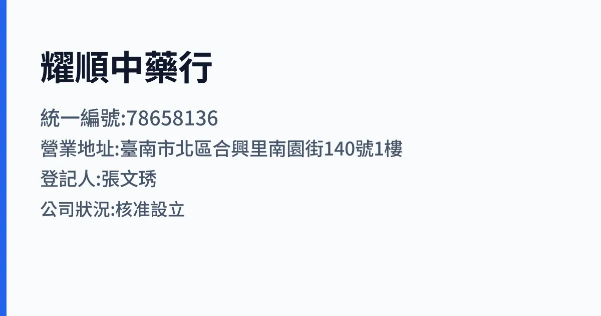 耀順中藥行 - 統編 78658136(臺南市) 公司登記資料與營業項目詳細圖表