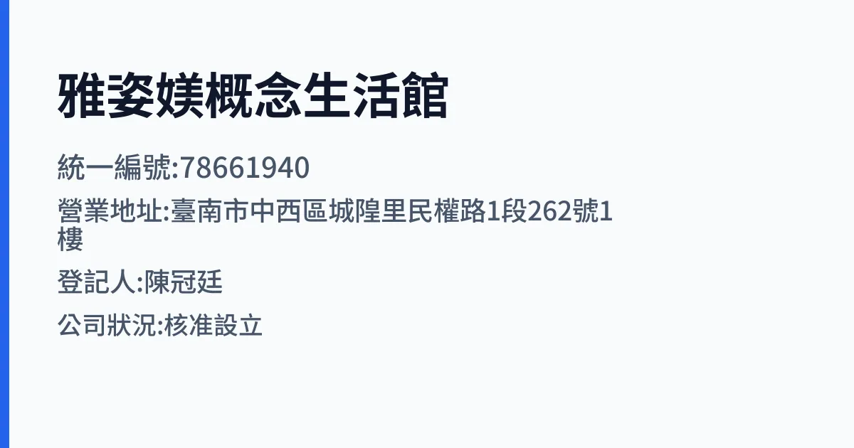 雅姿媄概念生活館 - 統編 78661940(臺南市) 公司登記資料與營業項目詳細圖表