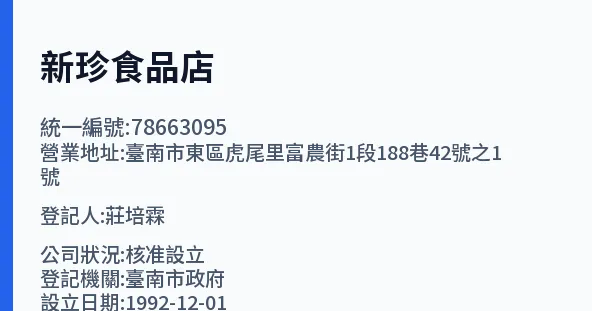 新珍食品店的照片-統編 78663095(臺南市) 公司登記資料與營業項目詳細圖表