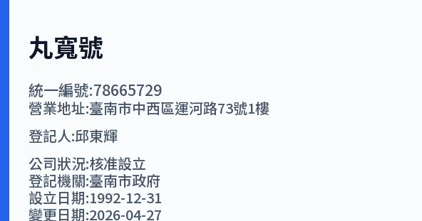 丸寬號的照片-統編 78665729(臺南市) 公司登記資料與營業項目詳細圖表