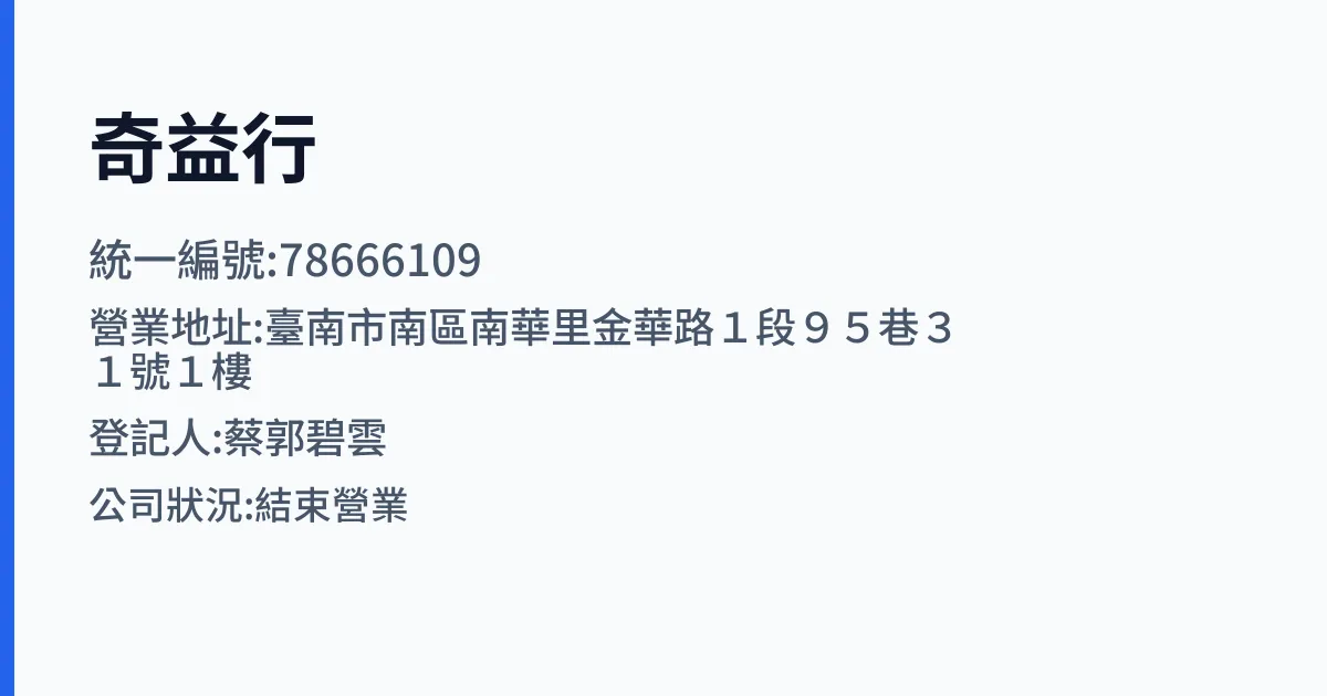 奇益行 - 統編 78666109(臺南市) 公司登記資料與營業項目詳細圖表