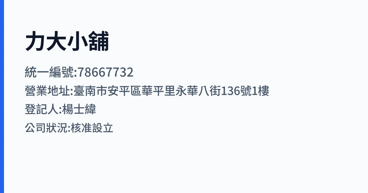 力大小舖 - 統編 78667732(臺南市) 公司登記資料與營業項目詳細圖表