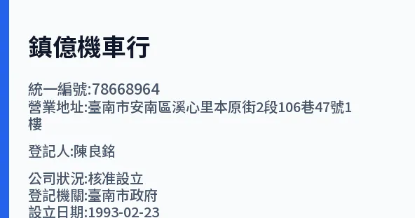 鎮億機車行的照片-統編 78668964(臺南市) 公司登記資料與營業項目詳細圖表