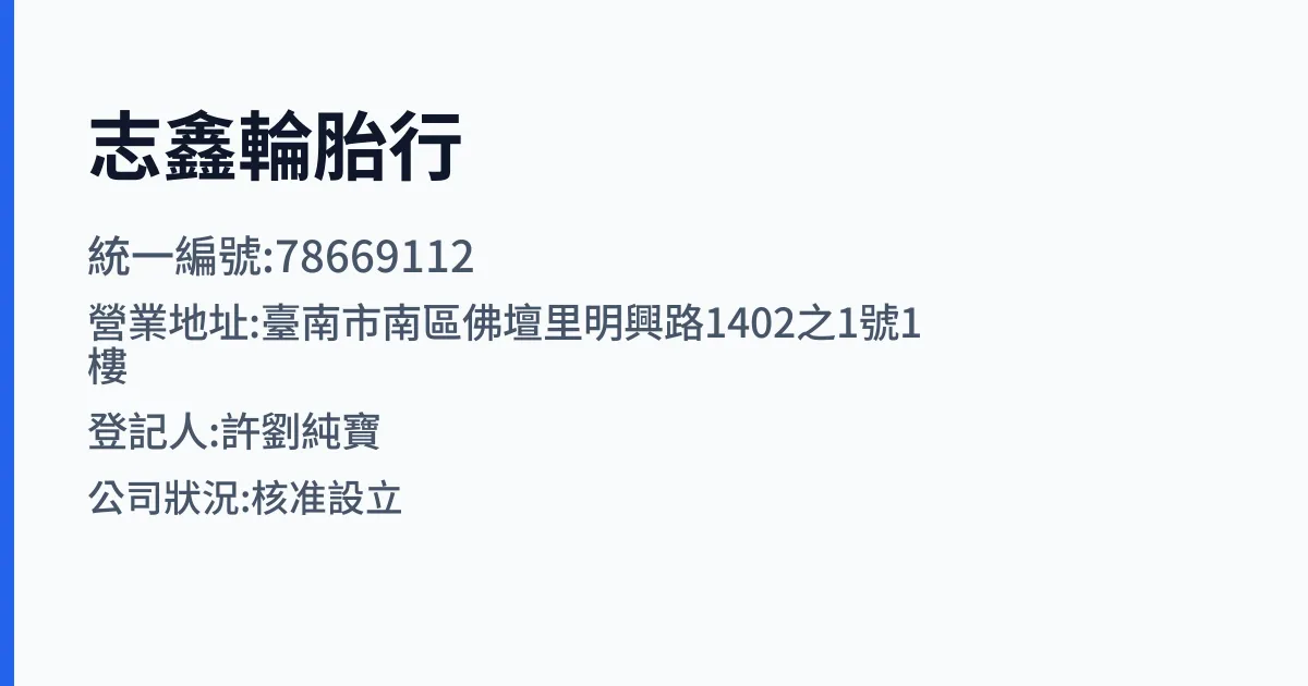志鑫輪胎行 - 統編 78669112(臺南市) 公司登記資料與營業項目詳細圖表