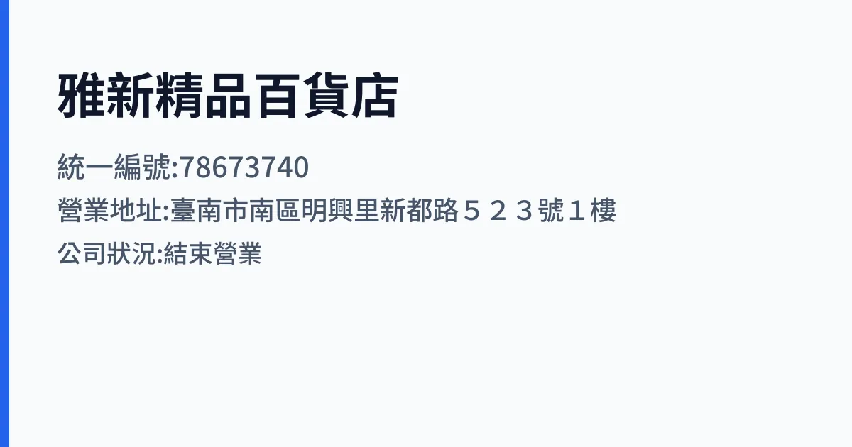 雅新精品百貨店 - 統編 78673740(臺南市) 公司登記資料與營業項目詳細圖表