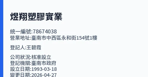煜翔塑膠實業的照片-統編 78674038(臺南市) 公司登記資料與營業項目詳細圖表