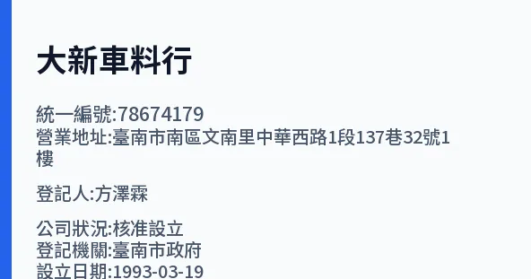 大新車料行的照片-統編 78674179(臺南市) 公司登記資料與營業項目詳細圖表
