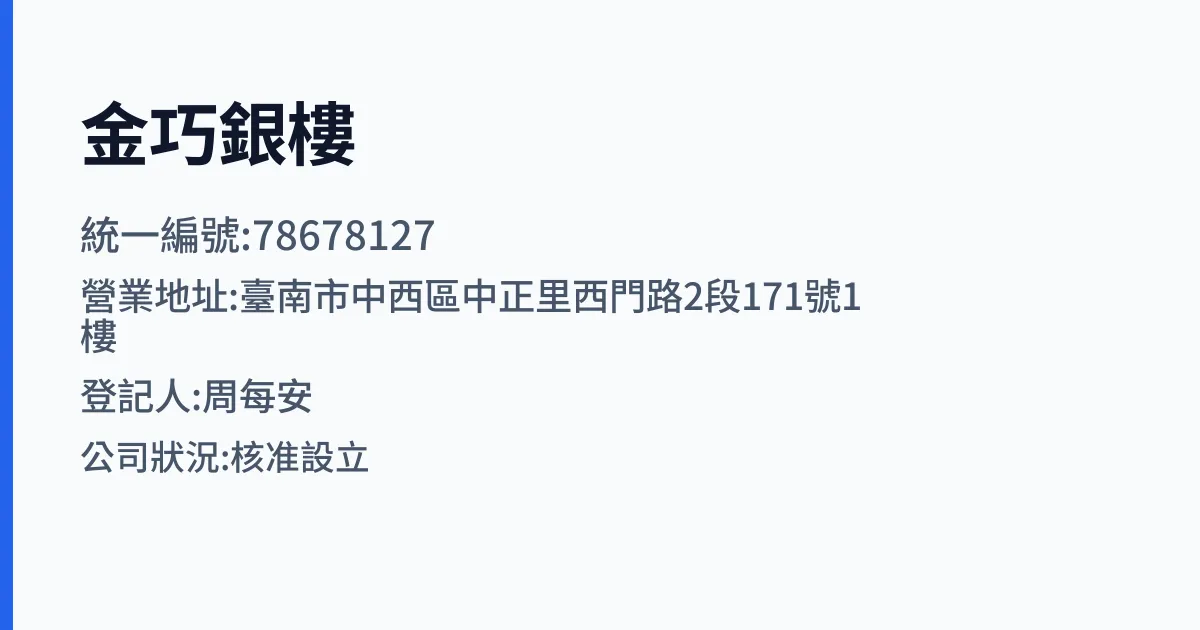 金巧銀樓 - 統編 78678127(臺南市) 公司登記資料與營業項目詳細圖表
