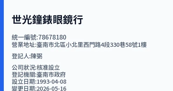 世光鐘錶眼鏡行的照片-統編 78678180(臺南市) 公司登記資料與營業項目詳細圖表