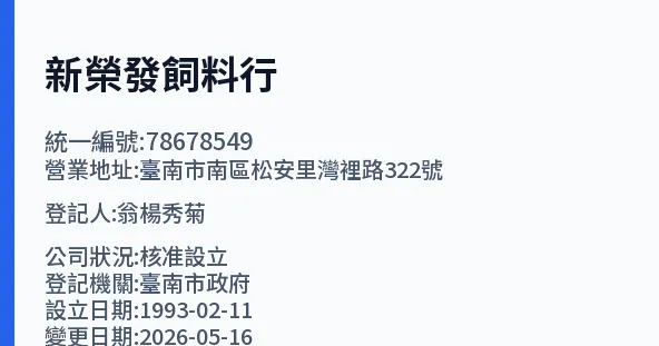 新榮發飼料行的照片-統編 78678549(臺南市) 公司登記資料與營業項目詳細圖表
