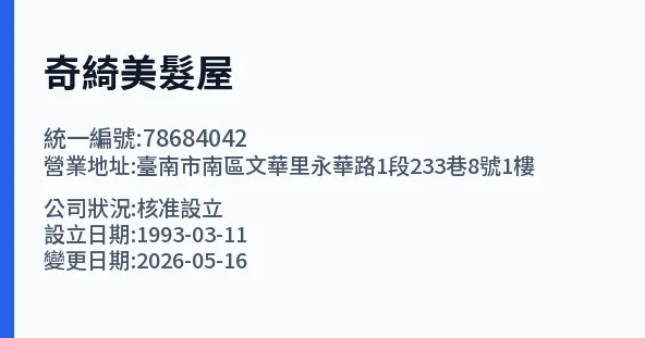 奇綺美髮屋的照片-統編 78684042(臺南市) 公司登記資料與營業項目詳細圖表