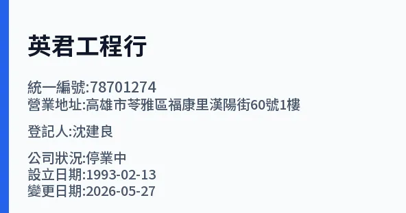 英君工程行的照片-統編 78701274(高雄市) 公司登記資料與營業項目詳細圖表