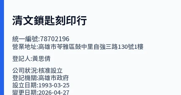 清文鎖匙刻印行的照片-統編 78702196(高雄市) 公司登記資料與營業項目詳細圖表