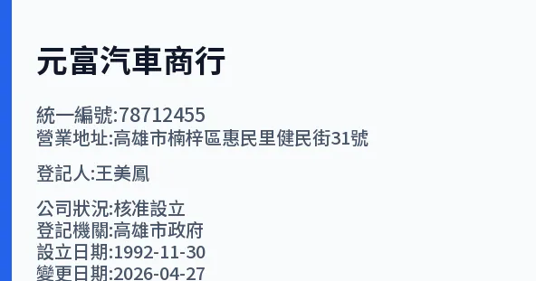 元富汽車商行的照片-統編 78712455(高雄市) 公司登記資料與營業項目詳細圖表