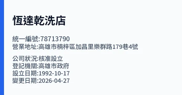 恆達乾洗店的照片-統編 78713790(高雄市) 公司登記資料與營業項目詳細圖表