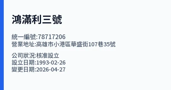 鴻滿利三號的照片-統編 78717206(高雄市) 公司登記資料與營業項目詳細圖表